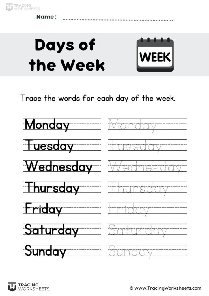 Days of the Week Tracing Worksheets - Free Printables